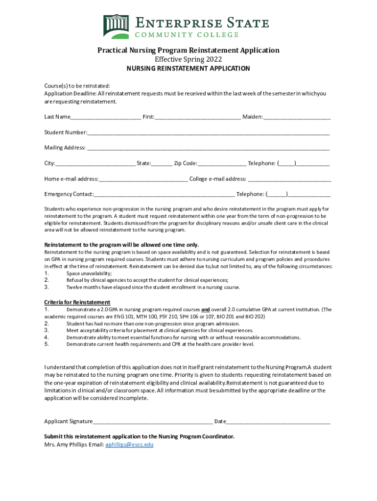 Fillable Online Practical-Nursing-Program-Reinstatement-Application. ... Fax Email Print - pdfFiller