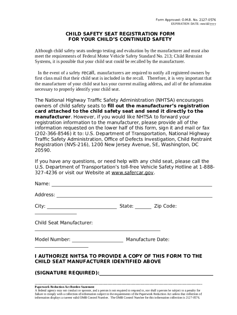 Fillable Online Form NHTSA 1053 A NHTSA 1053 A Child Safety Seat ...
