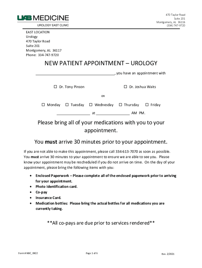 Fillable Online UAB Medicine Urology East-Tony Pinson, MD - Alabama Fax ...