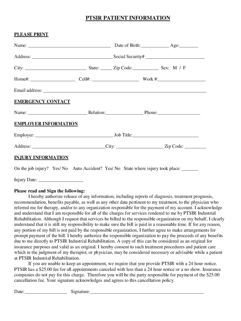 Fillable Online Patient Forms - PTSIR - IL Fax Email Print - pdfFiller