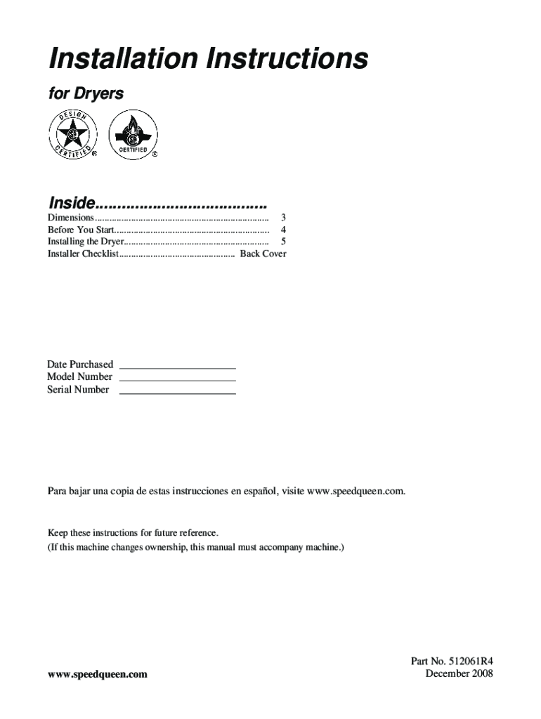 Fillable Online Installation Instructions for Dryers Fax Email Print ...