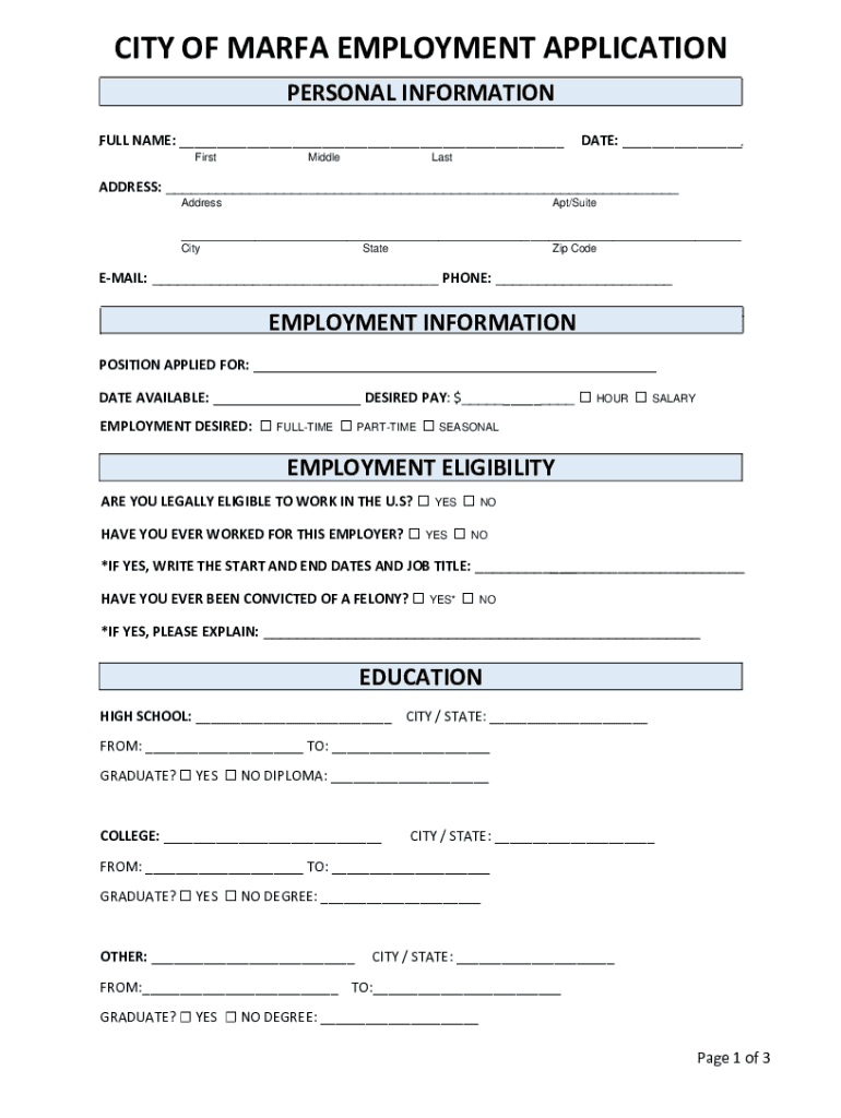 Fillable Online Employment ApplicationMarfa Texas Fax Email Print ...