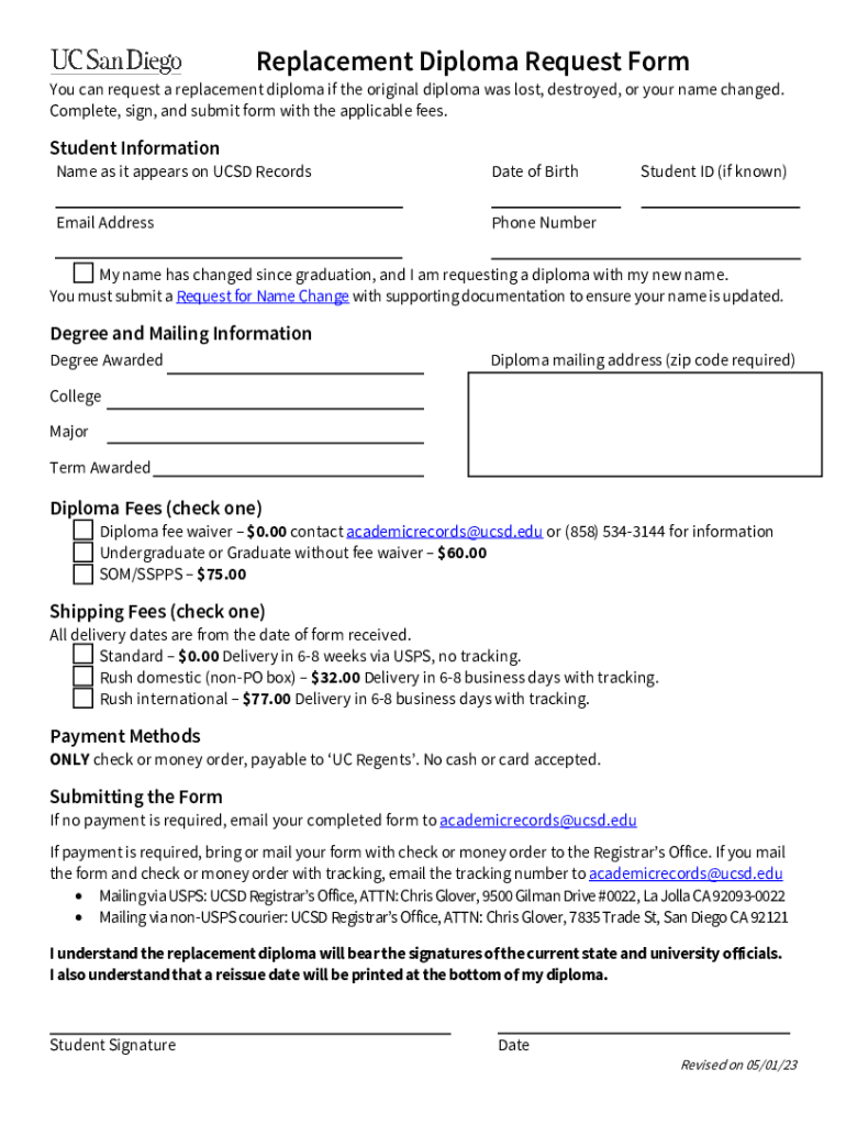 Fillable Online students ucsd Replacement Diploma Form Fax Email Print - pdfFiller