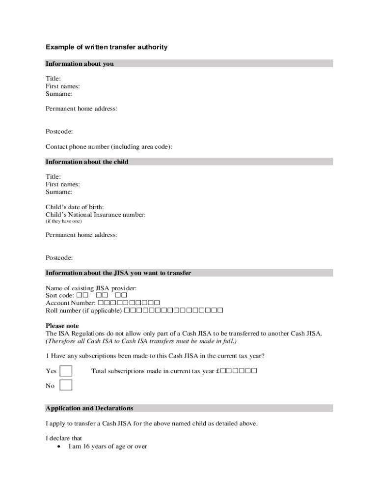 Fillable Online Example of written transfer authority Information about ...