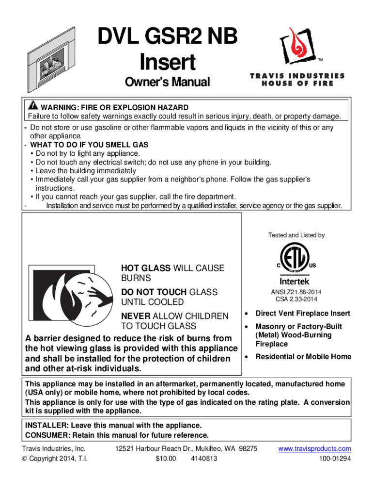 Fillable Online DVS GSR NB Insert Owner's Manual - Travis Industries ...