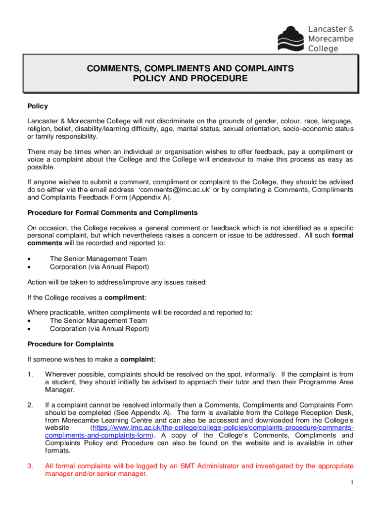 Fillable Online Comments, Compliments and Complaints procedure Fax ...