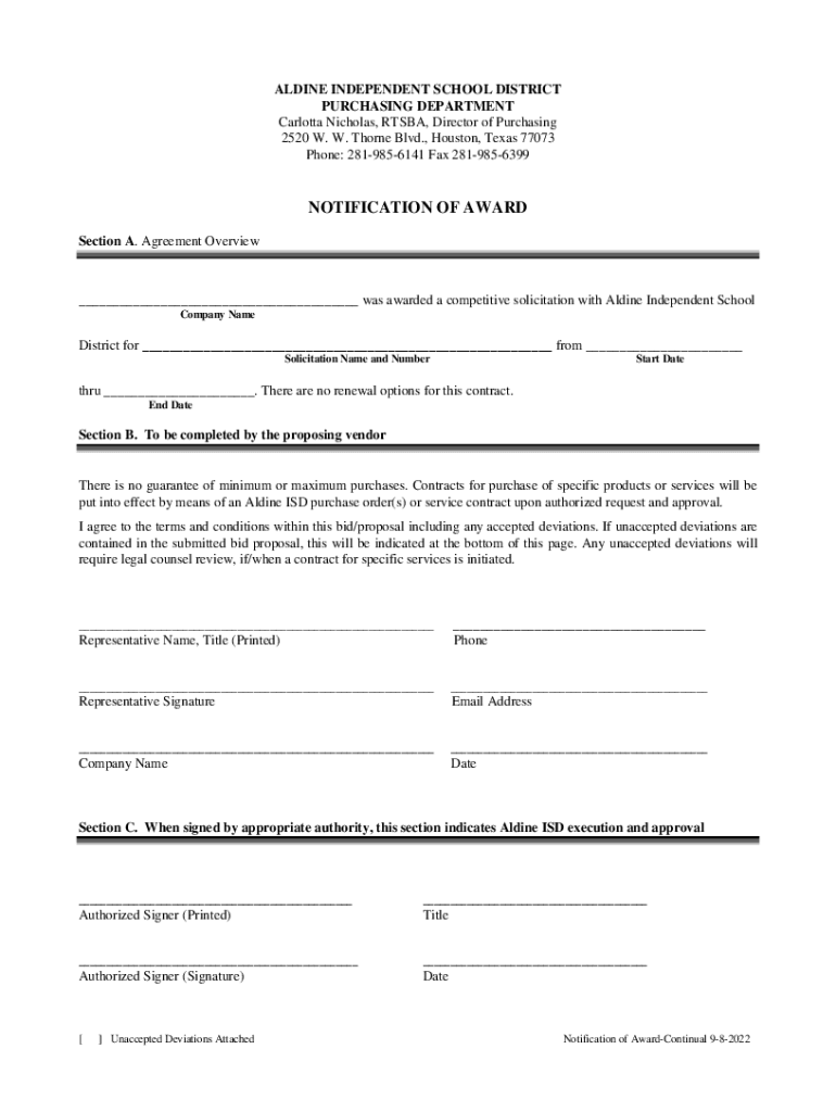 Fillable Online Get the free ALDINE ISD (AISD) Purchasing Department is ...
