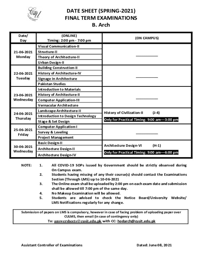 Fillable Online DATE SHEET (SPRING-2021) FINAL TERM ... Fax Email Print ...