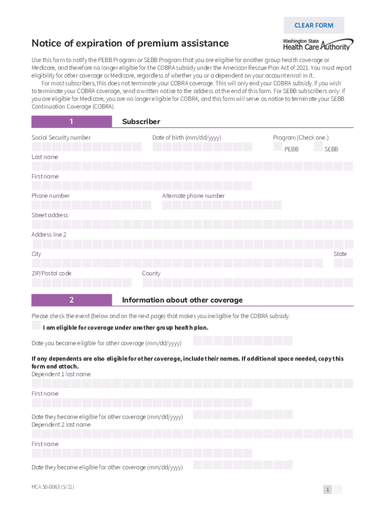 Fillable Online 50-0063: COBRA notice of expiration of premium ...