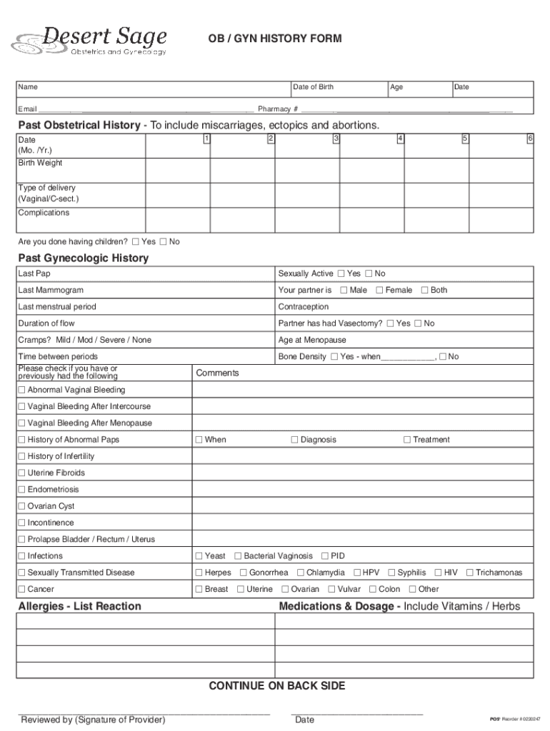 Fillable Online OB / GYN HISTORY FORM Past Gynecologic ... Fax Email Print - pdfFiller