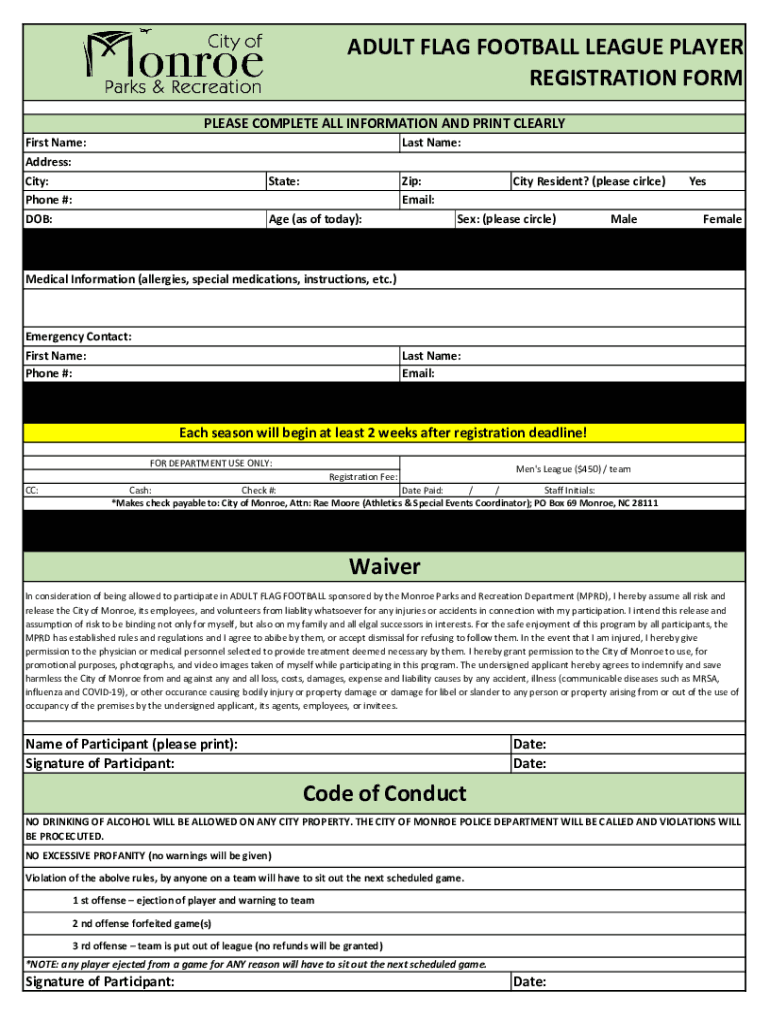 Fillable Online adult flag football league player registration form Fax ...