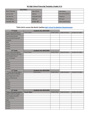 Fillable Online NC High School Transcript Template, Grades 9-12 *Click ...
