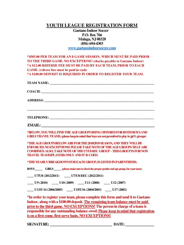 Fillable Online YOUTH LEAGUE REGISTRATION FORM Fax Email Print - pdfFiller