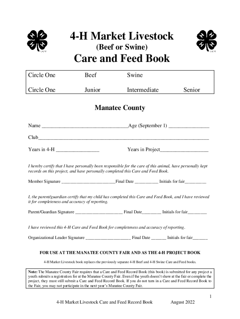 Fillable Online 4-H Market Livestock - (Beef or Swine) - Care and Feed Book Fax Email Print ...