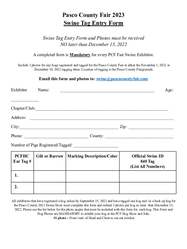 Fillable Online Pasco County Fair 2023 Swine Tag Entry Form Fax Email ...