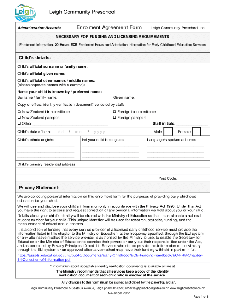 Fillable Online Enrolment Agreement Form Leigh Community Preschool Inc Fax Email Print - pdfFiller