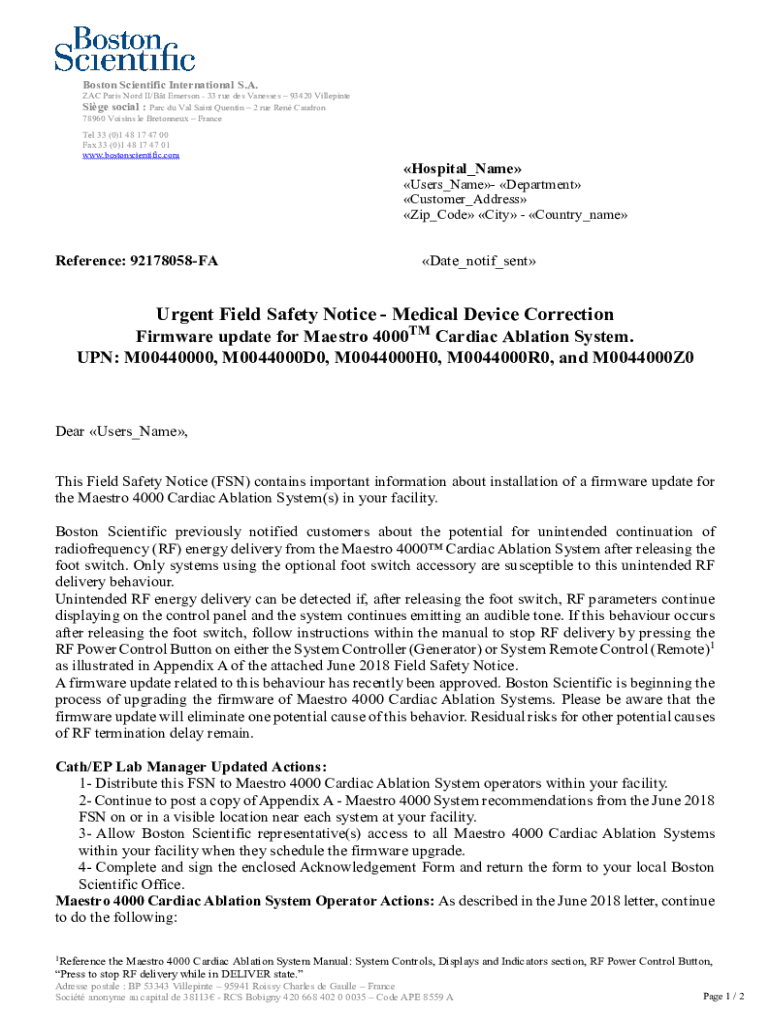 Fillable Online Urgent Field Safety Notice - Medical Device Correction ...