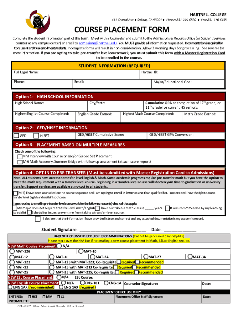 Fillable Online COURSE PLACEMENT FORM - Salinas Fax Email Print - pdfFiller