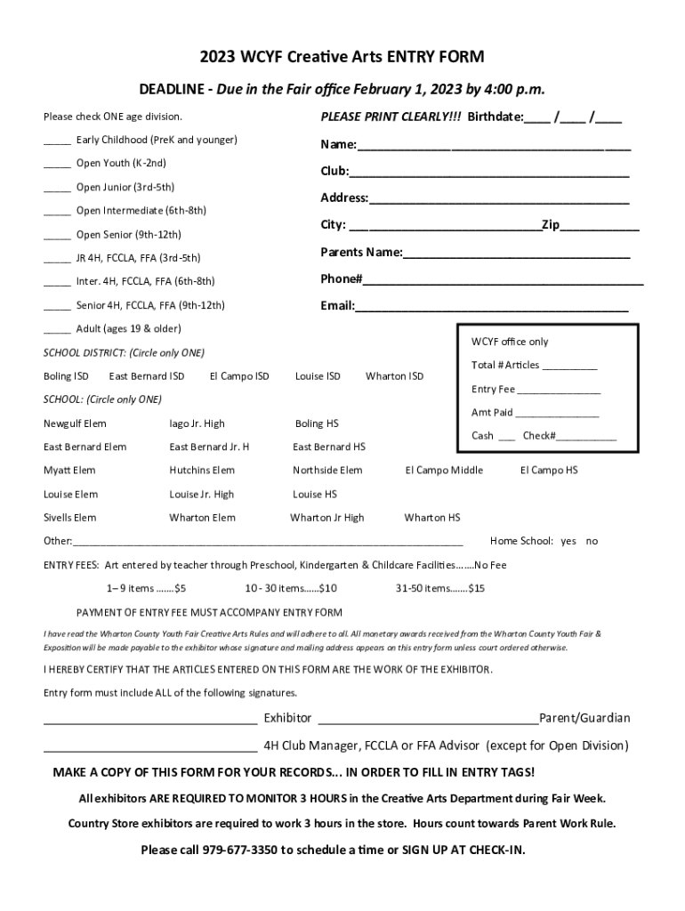 Fillable Online 2021 Wharton County Youth Fair Creative Arts Entry ...