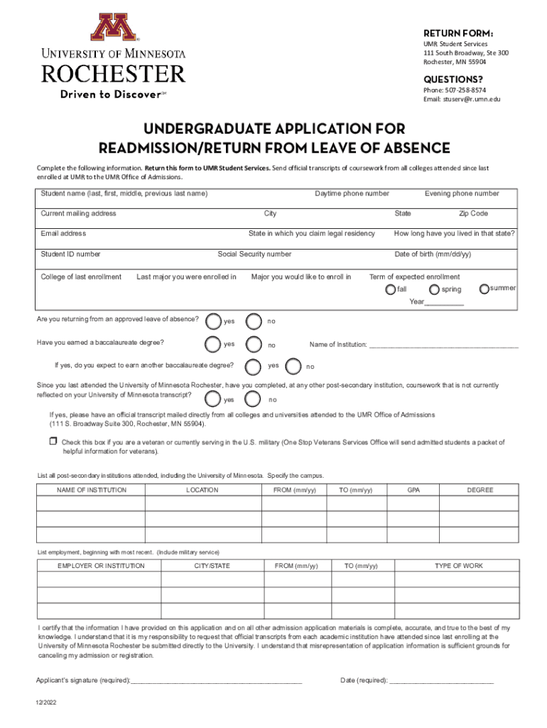 Fillable Online Readmission/Return From Leave of Absence Request Fax Email Print - pdfFiller