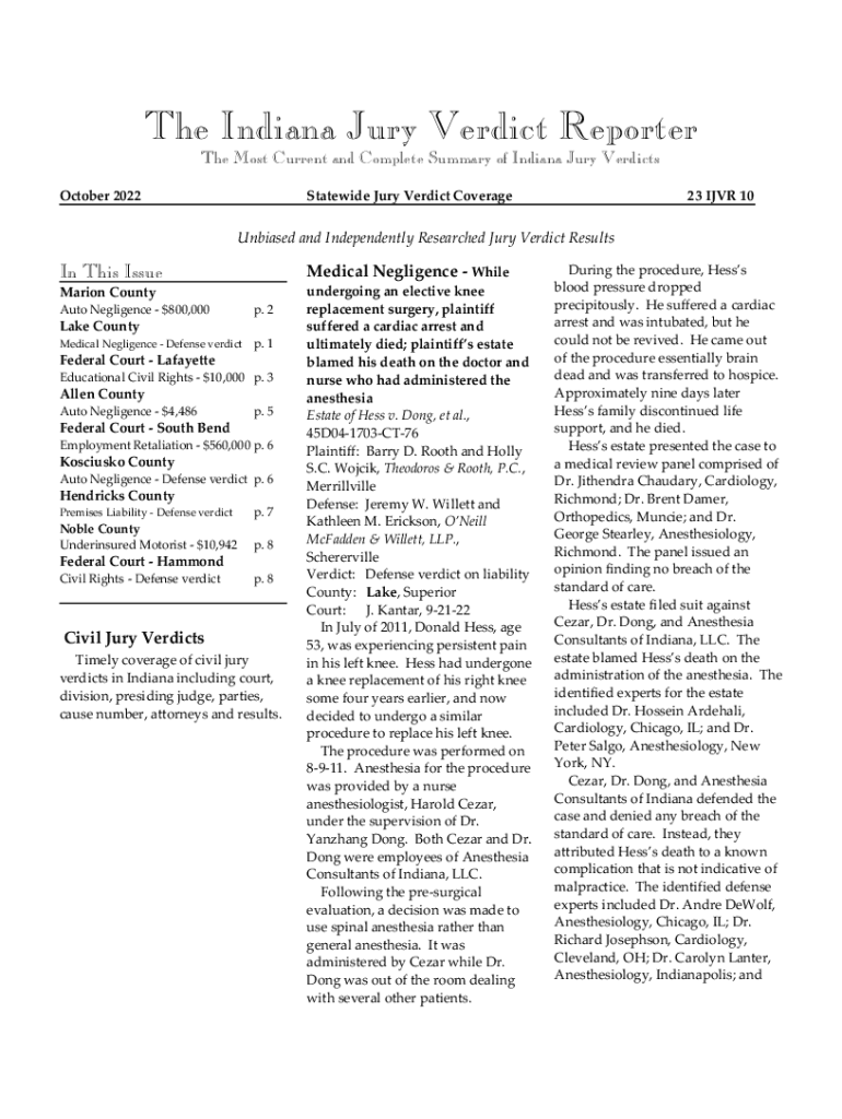 Fillable Online Fillable Online The Indiana Jury Verdict Reporter Fax ...