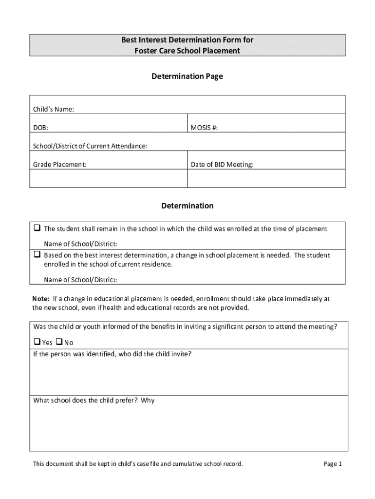 Fillable Online Best Interest Determination Form for Foster Care School ...
