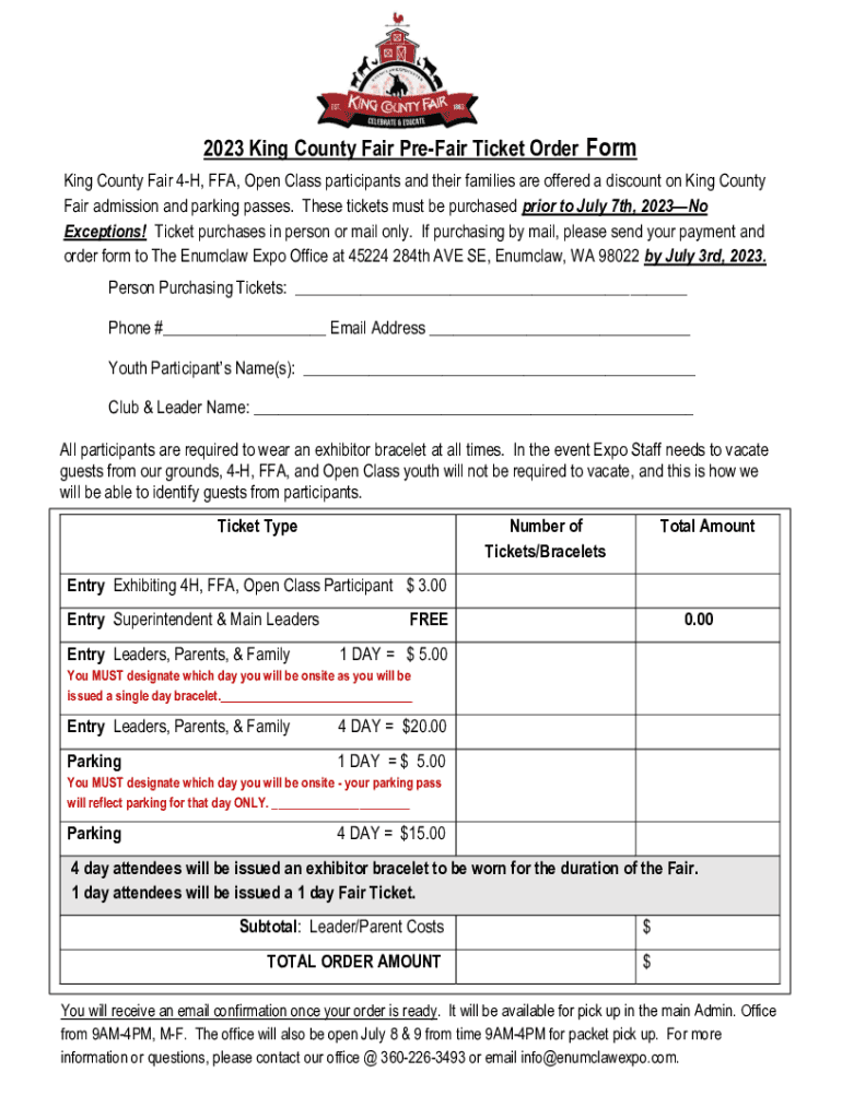 Fillable Online 2023 King County Fair Pre-Fair Ticket Order Form Fax ...