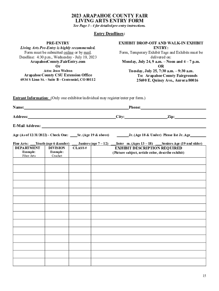 Fillable Online 2023 Arapahoe County Fair Living Arts Entry Form Fax ...