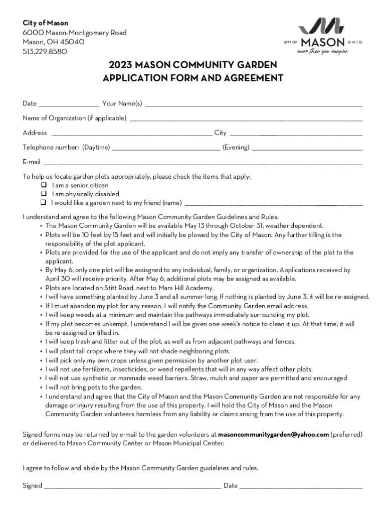Fillable Online mason community garden application form and agreement Fax Email Print - pdfFiller