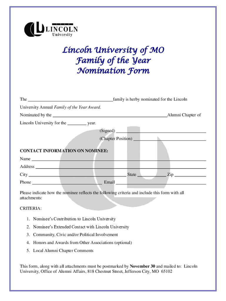 Fillable Online Lincoln University of MO Family of the Year Nomination Form Fax Email Print ...