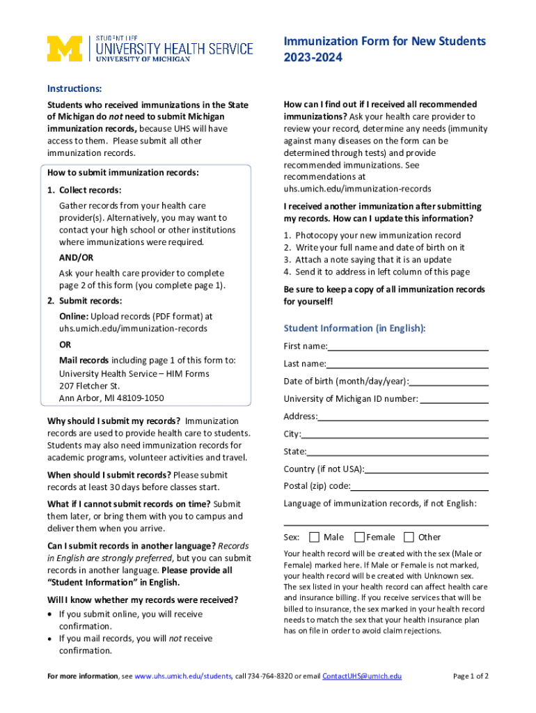 Fillable Online uhs umich Immunization Form for New Students - 2023 ...