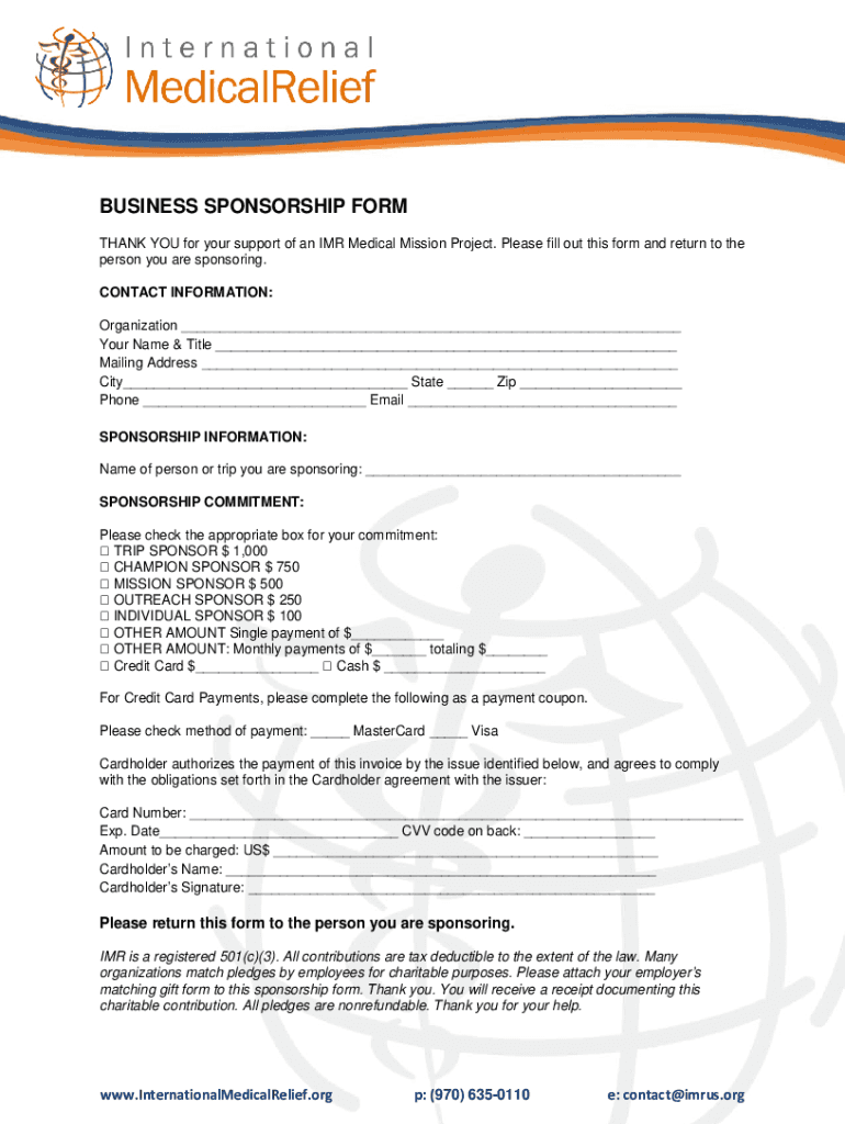Fillable Online BUSINESS SPONSORSHIP FORM Fax Email Print - pdfFiller