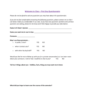Fillable Online Sample First Day of Class Questionnaire Fax Email Print ...