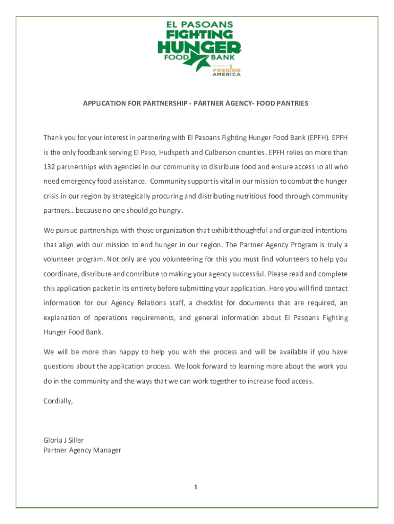 Fillable Online application for partnership - partner agency- food ...