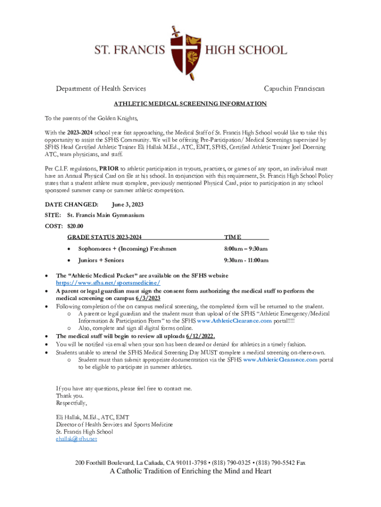 Fillable Online St. Francis High School, La Canada, CA's post Fax Email Print - pdfFiller