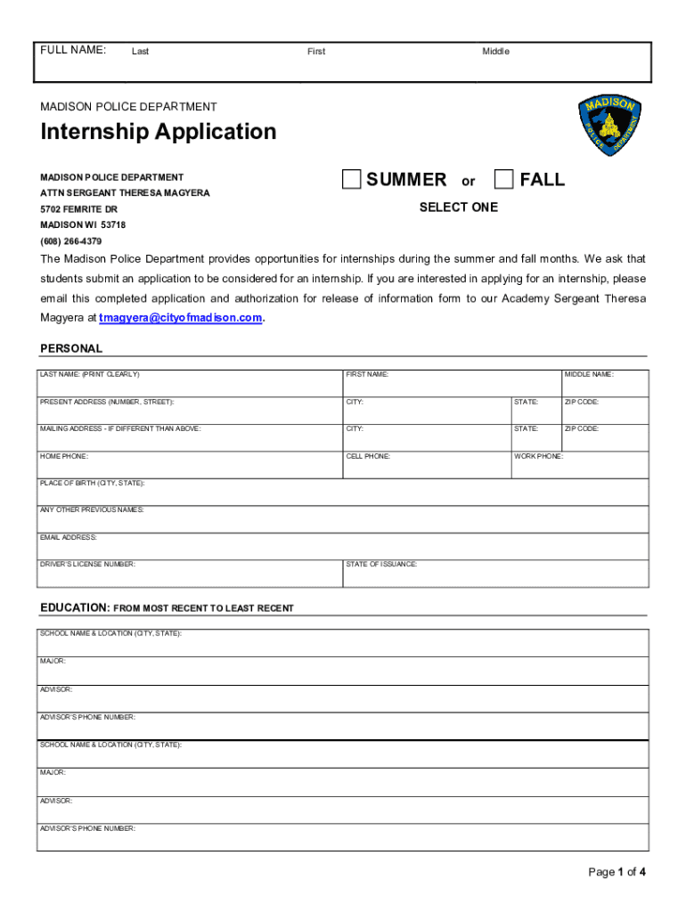 Fillable Online Internships - Join the Team - Police Department Fax Email Print - pdfFiller