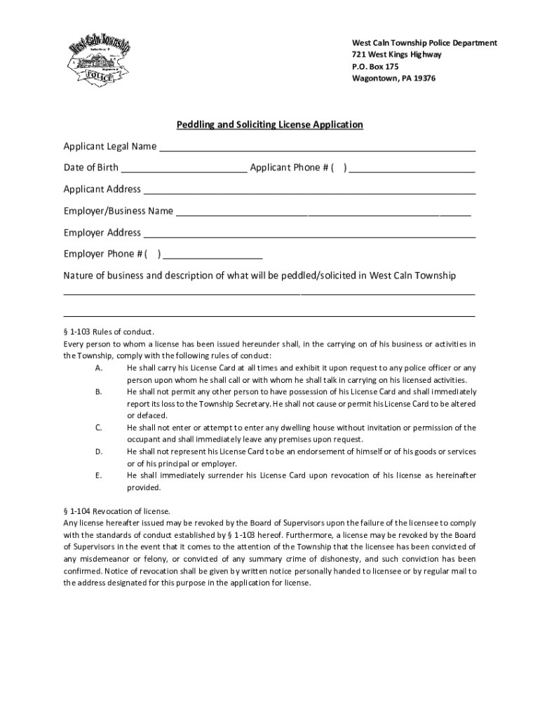 Fillable Online Peddling and Soliciting License Application Fax Email ...