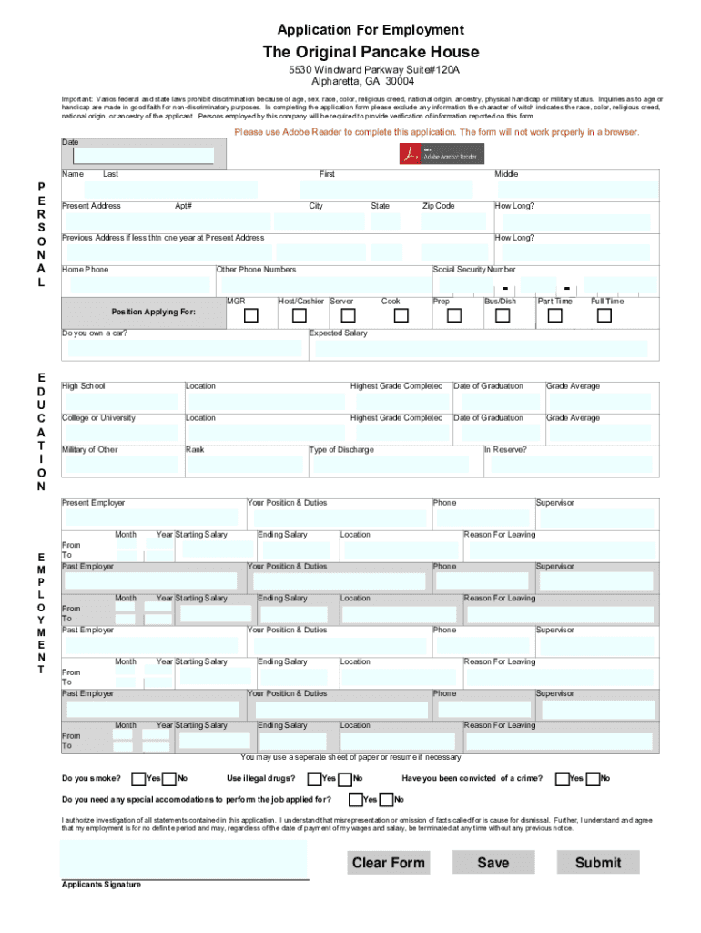 Fillable Online Employment Application - Original Pancake House Fax ...