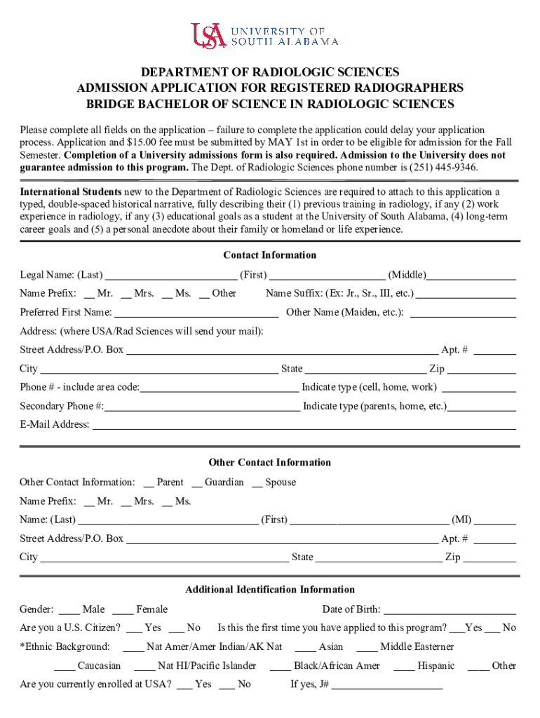 Fillable Online department of radiologic sciences admission application ... Fax Email Print ...