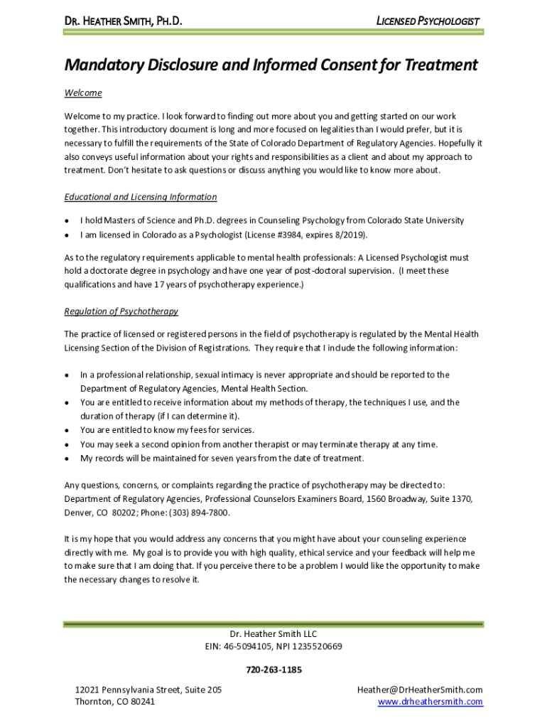 Fillable Online Mandatory Disclosure and Informed Consent for Treatment Fax Email Print - pdfFiller