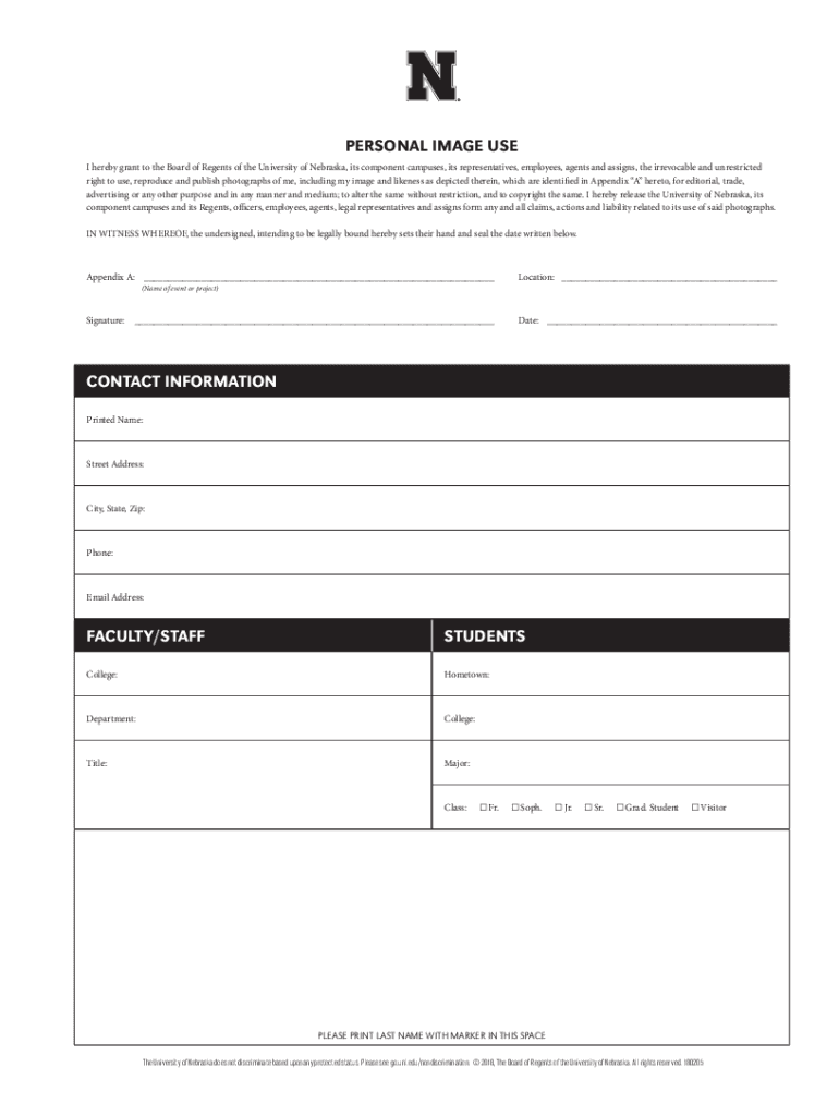 Fillable Online ucomm unl PERSONAL IMAGE RELEASE FORM - ADULT Fax Email Print - pdfFiller