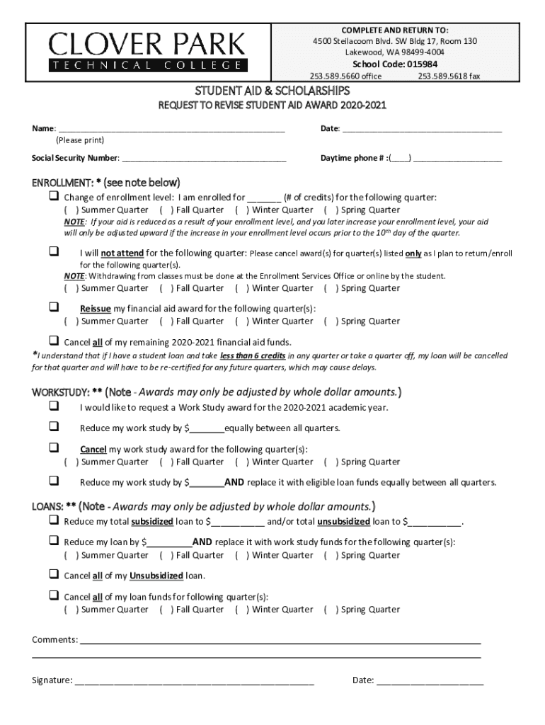 Fillable Online REQUEST TO REVISE STUDENT AID AWARD 2020-2021 Fax Email ...