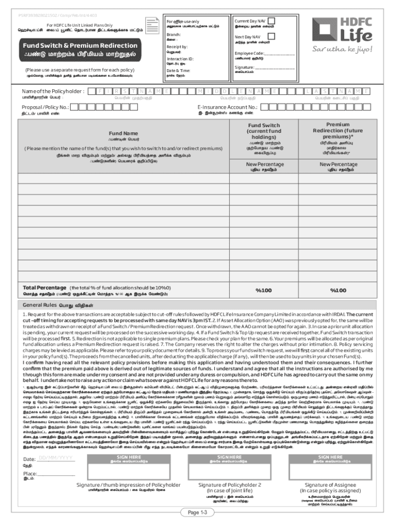 Fillable Online Fund Switch & Premium Redirection Fax Email Print ...