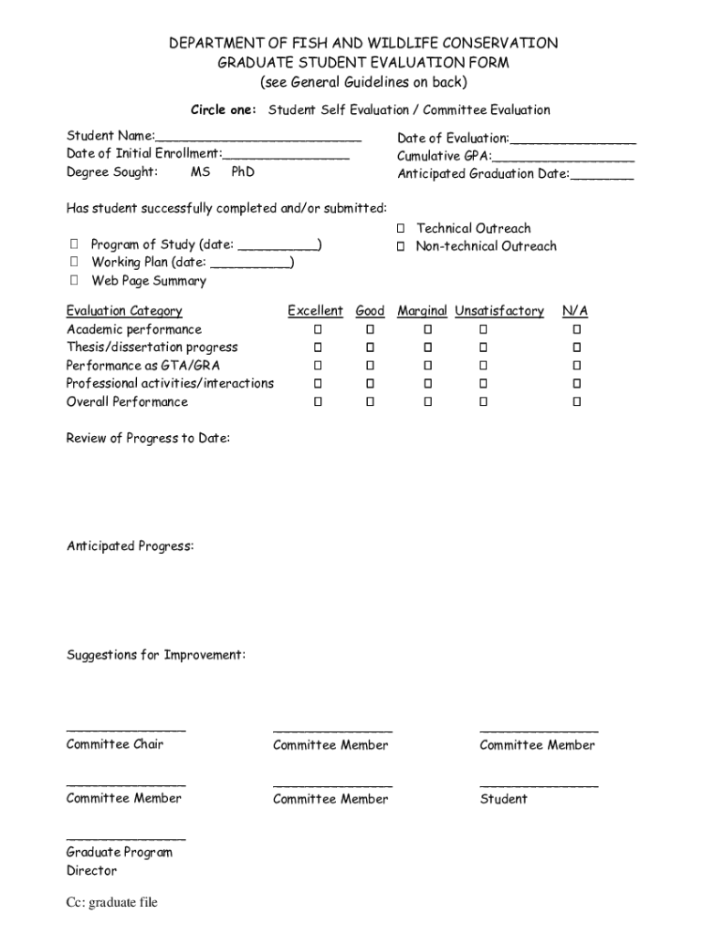 Fillable Online fishwild vt Graduate Student Evaluation Form (see ...
