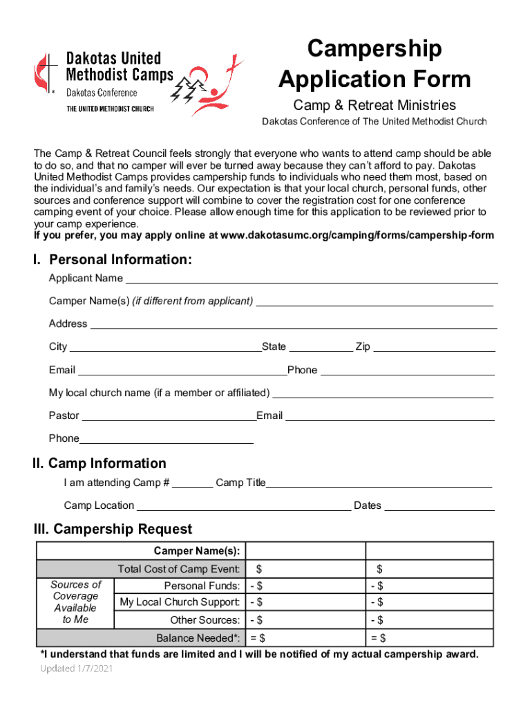 Fillable Online Campership FormFormsDakotas UMC Camping Fax Email Print ...