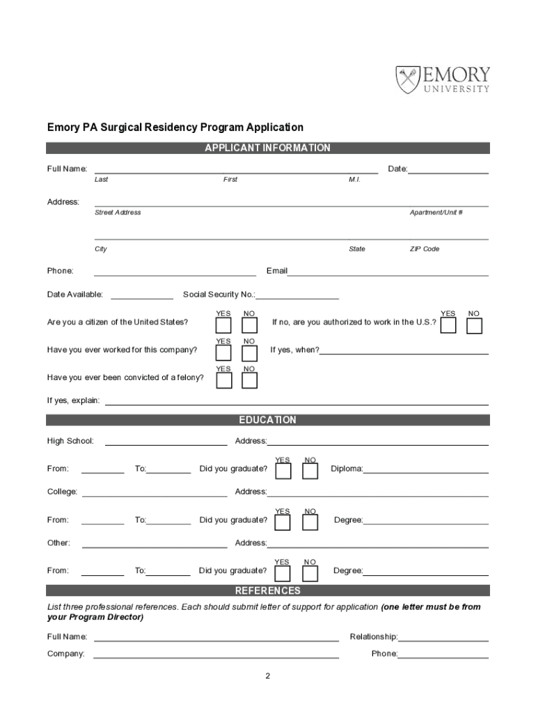 Fillable Online surgery emory PA Application.doc Fax Email Print ...