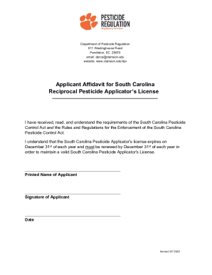 Fillable Online Applicant Affidavit for South Carolina Reciprocal ...