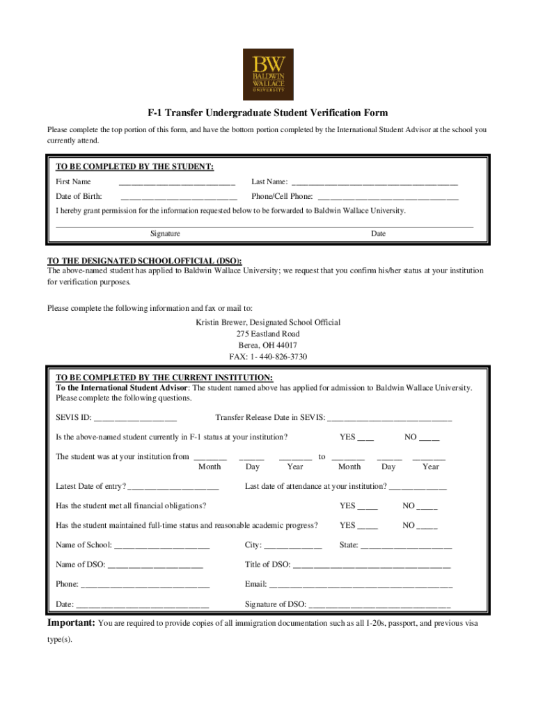 Fillable Online Transfer Verification Form For F-1 students ... Fax ...