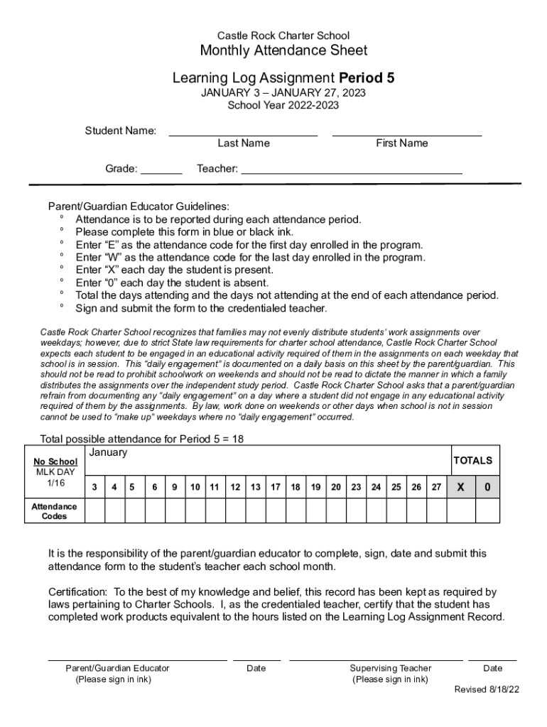 Fillable Online Monthly Attendance Sheet Learning Log Assignment ...