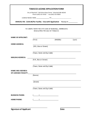 Fillable Online TOBACCO LICENSE APPLICATION FORM - City of Marshall Fax ...